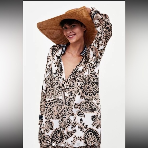 Zara | Tops | Zara Womens Paisley Floral Print Black Cream Tan Tunic ...